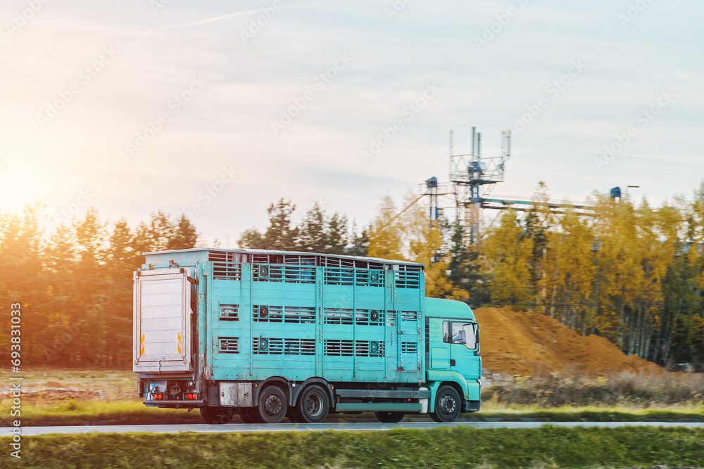 A livestock truck carries caged farm animals on a highway in Europe ...