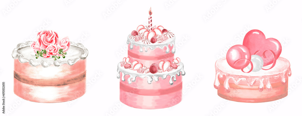 Watercolor set with pink cakes. Hand drawn illustration cakes with ...