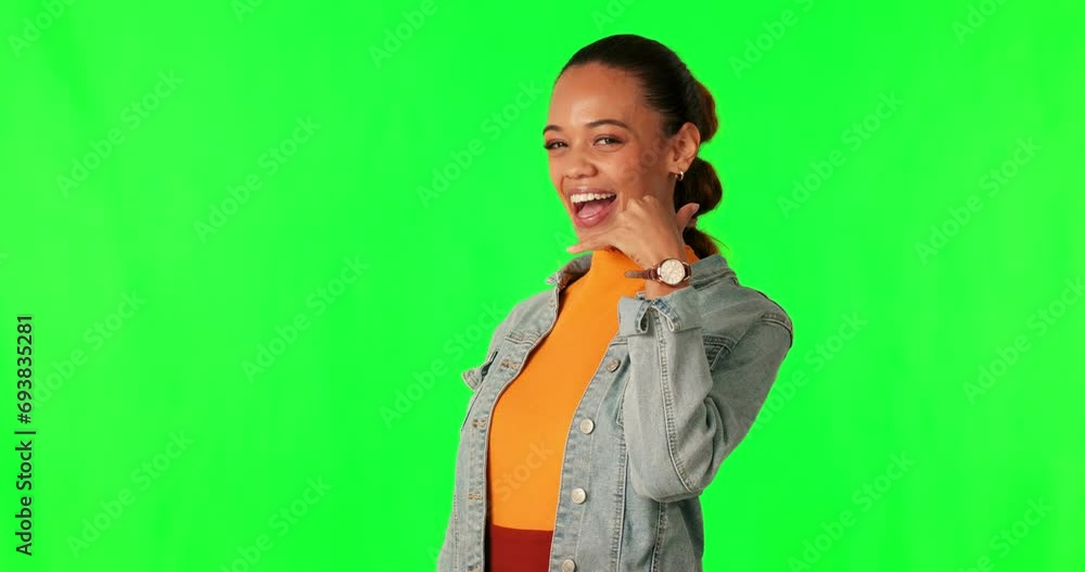 Call me, green screen and a happy young woman flirting on a studio ...