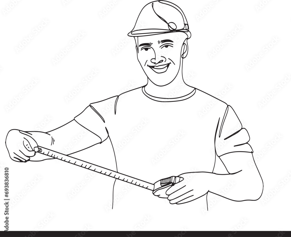 Cartoon illustration of person using measuring tape, Construction ...