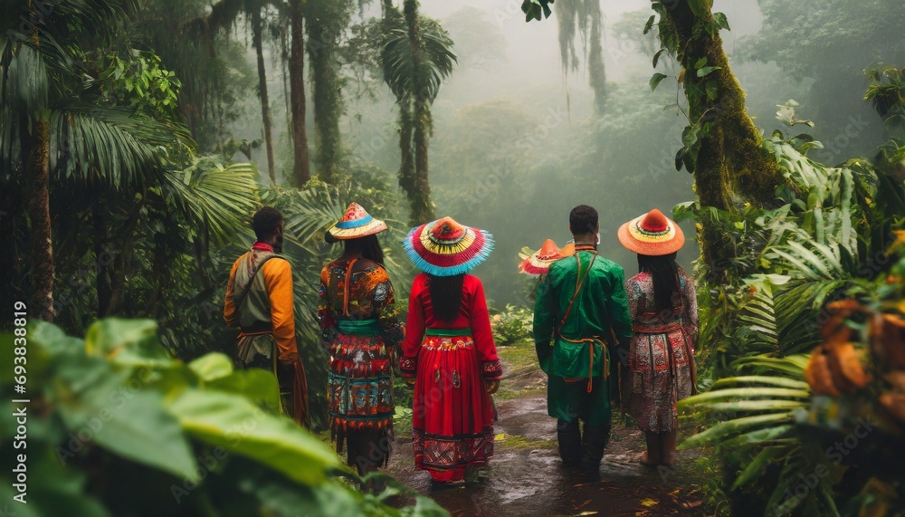 People traditional colorful clothes in a jungle. Thick rainforest Stock ...