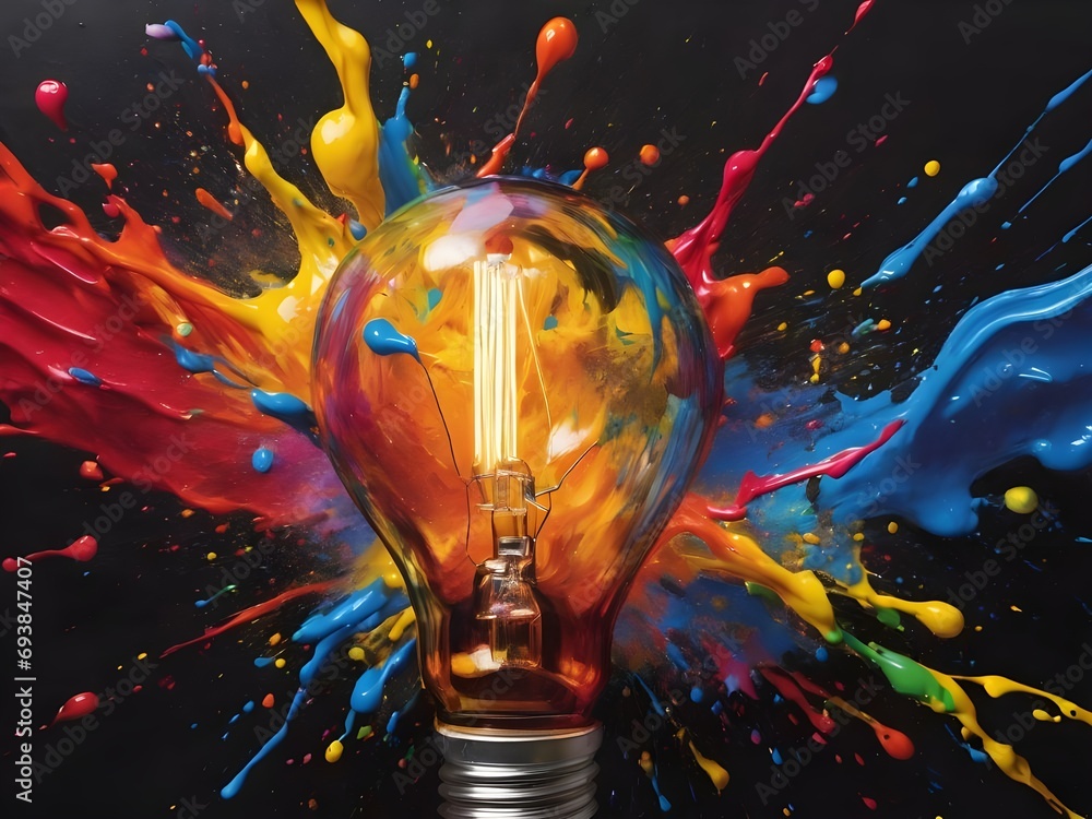 Light bulb exploding with colorful paint splashes on a black background ...