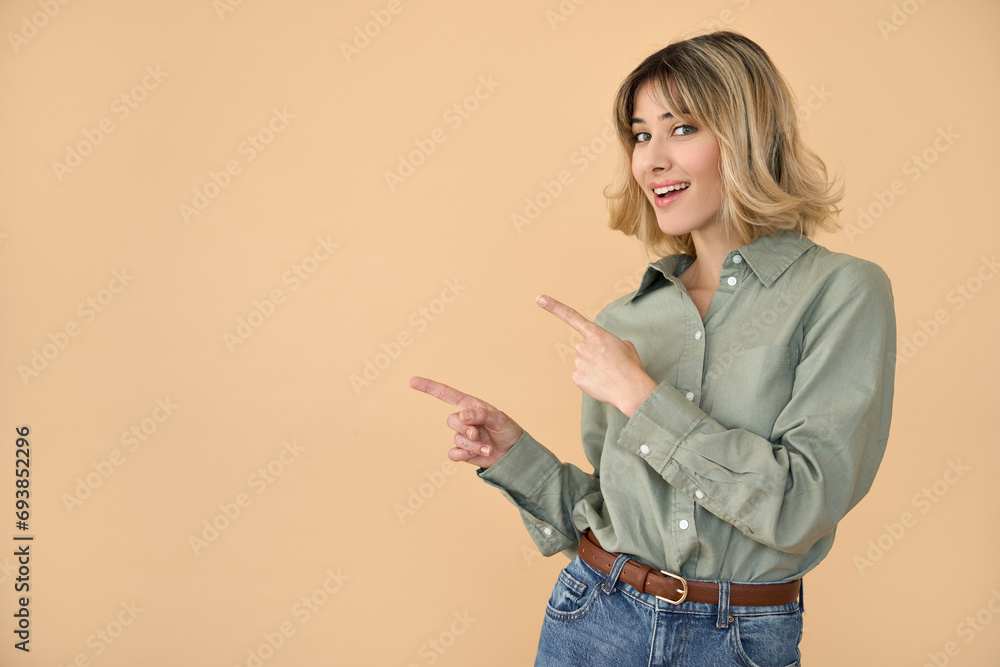 Excited pretty gen z blonde young woman, surprised 20s european ...