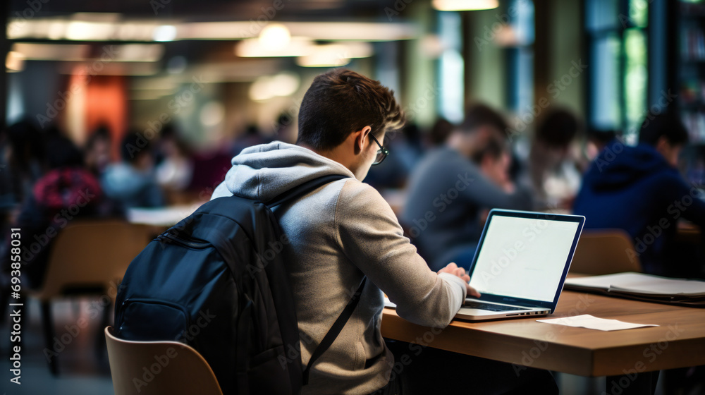 Back view of a dedicated college student immersed in learning. Seated ...