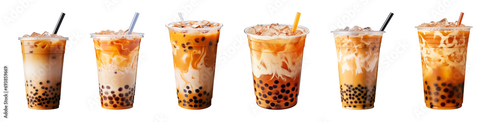 Collection set a plastic cup of iced bubble tea boba on a transparent ...