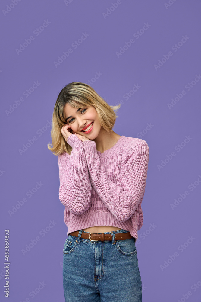 Happy pretty gen z blonde young woman, cute smiling girl with short ...