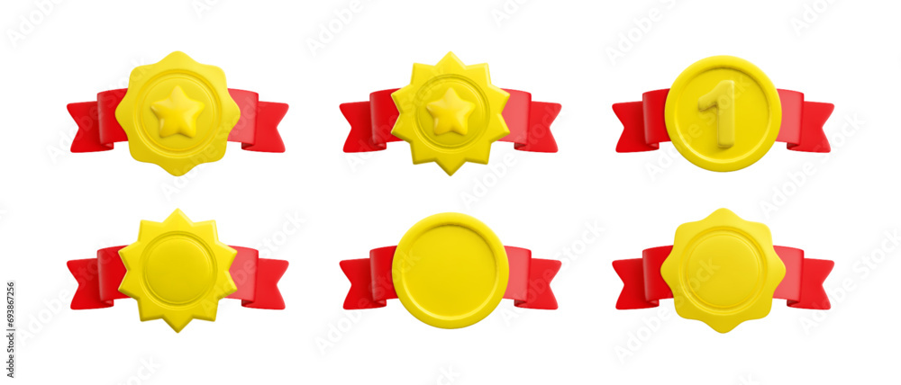 Vector cartoon 3d medals set on red horizontal folded ribbon. Round ...