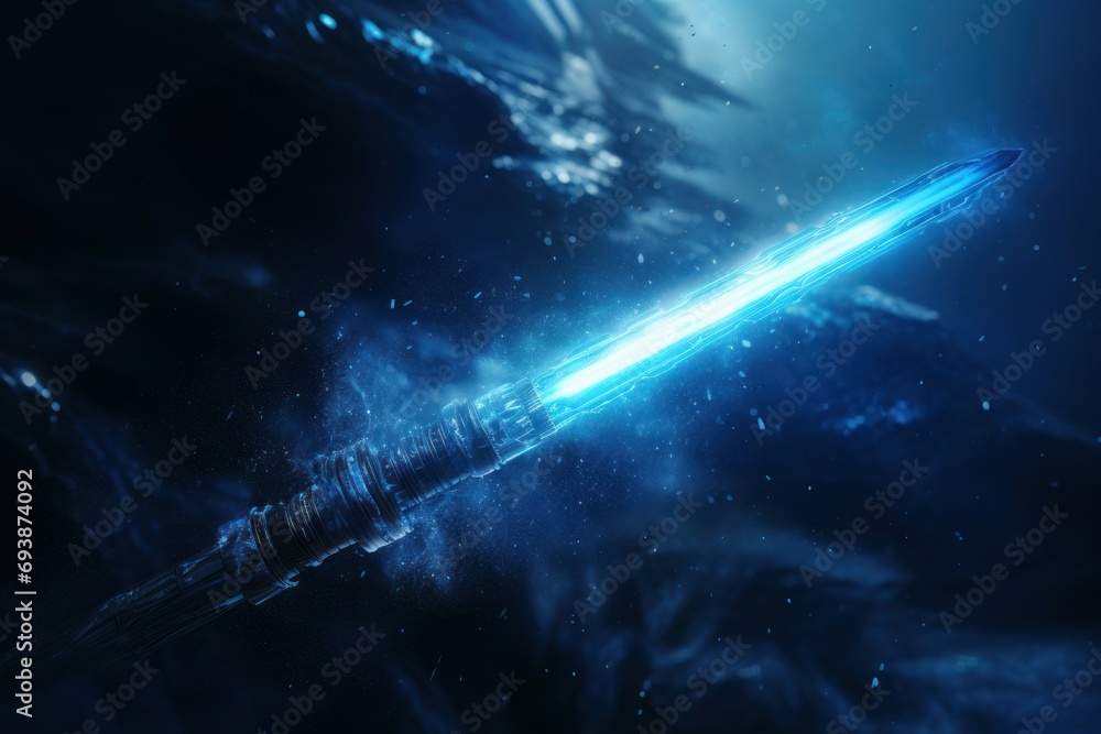 Blue cosmic lightsaber weapon. Shiny supranatural glowing saber arm ...