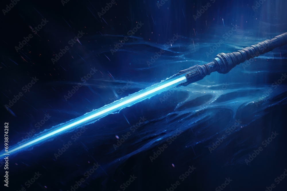 Blue shiny lightsaber in darkness. Glowing azure radiant laser sword ...