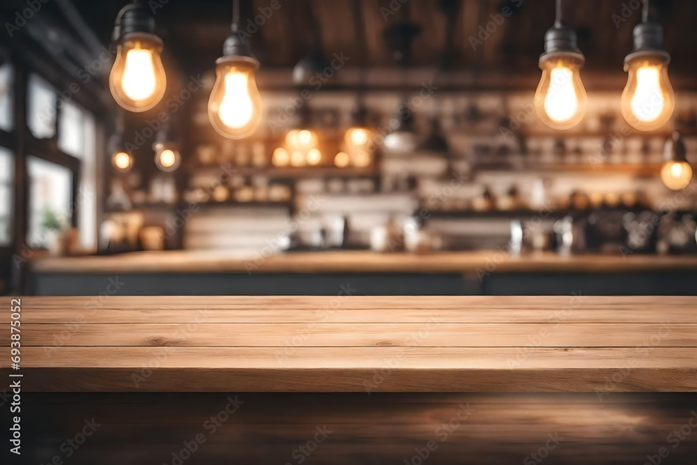 Wood table top on blurred of counter cafe shop with light bulb ...