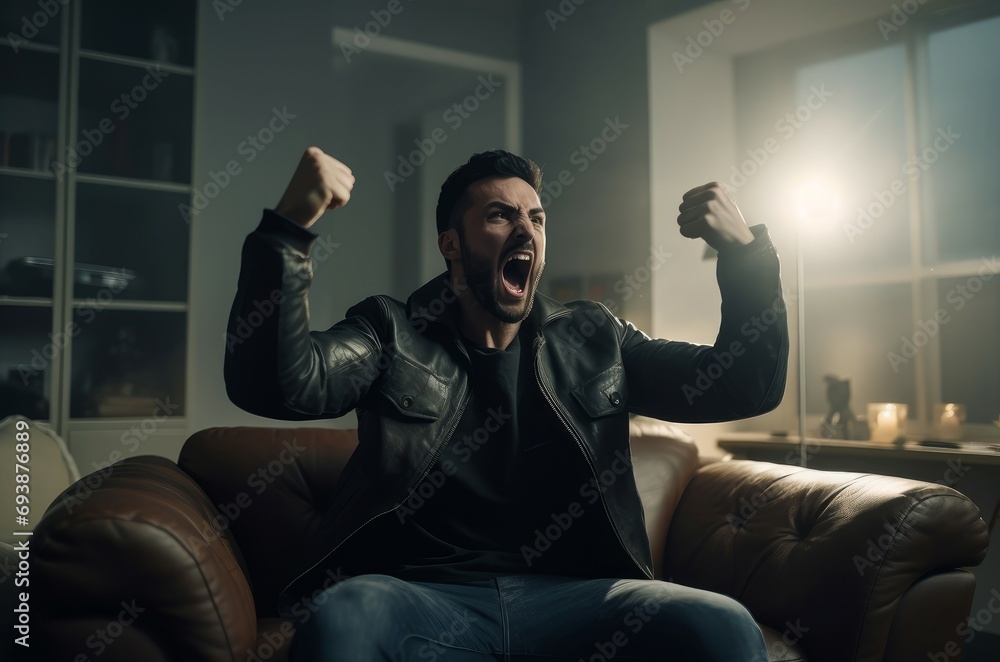 Joyful man victory reaction. Happy male reaction with raised hands ...