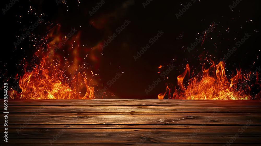 wooden table with Fire burning background,, fire particles, sparks, and ...