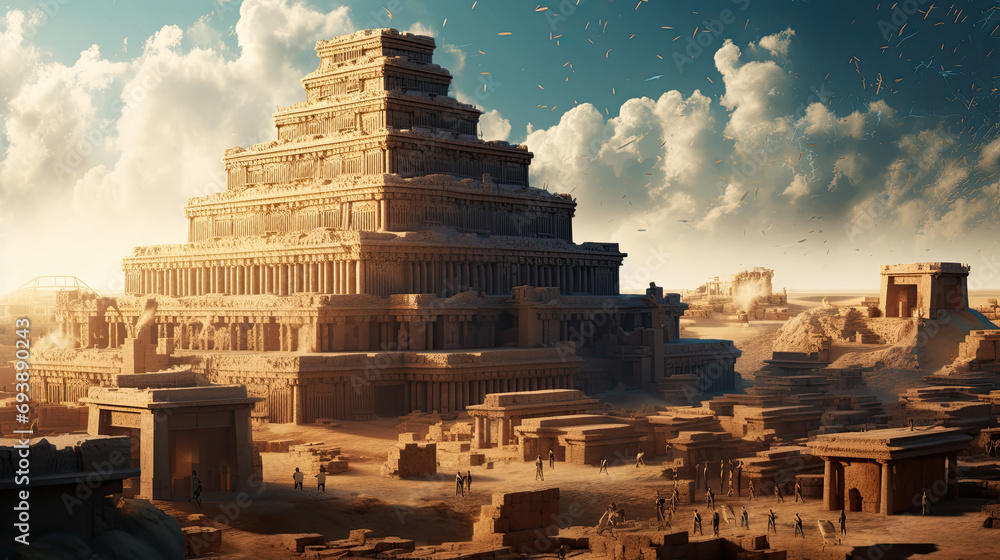 sunset at the temple, Ancient city of Babylon with the tower of Babel ...