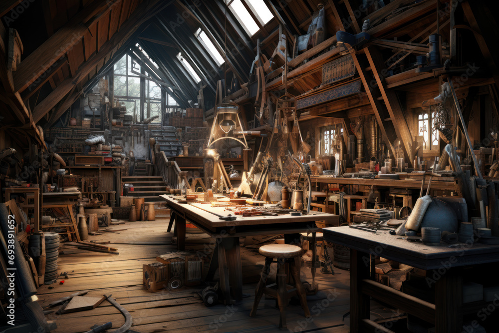 An abandoned workshop with tools and materials scattered around ...