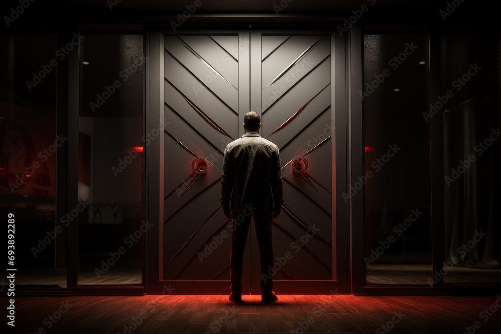 A person standing in front of a closed door with a "No Entry" sign ...