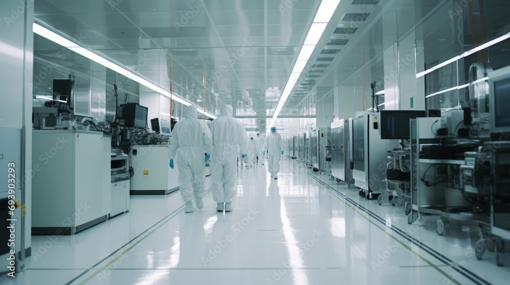 interior space of Advanced Semiconductor Production Fab Cleanroom with ...