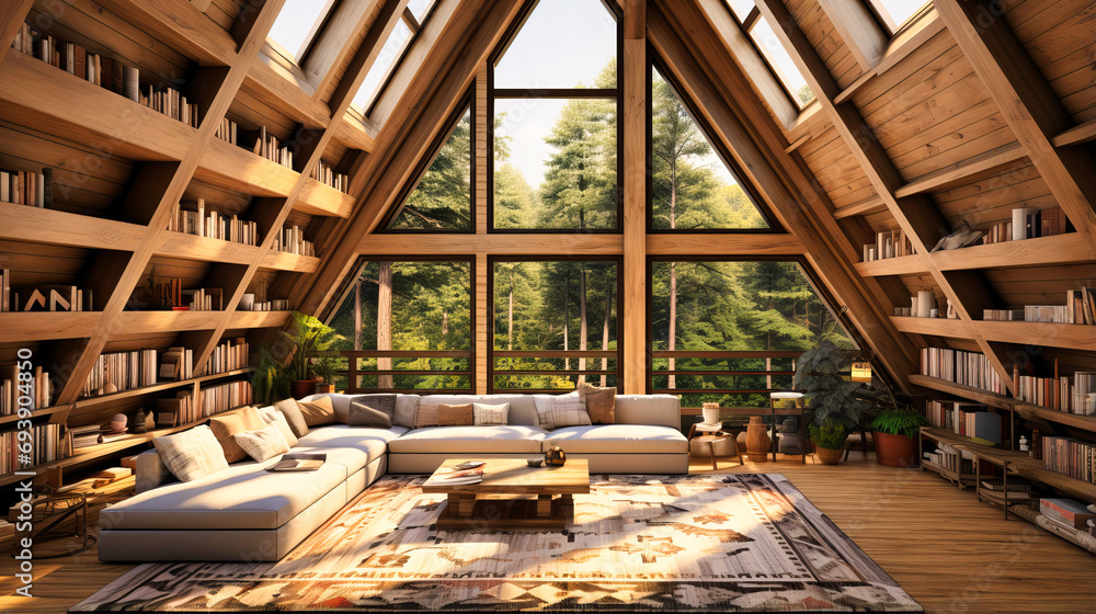 Cozy A-Frame Cabin Living Room with Floor-to-Ceiling Windows and a Full ...