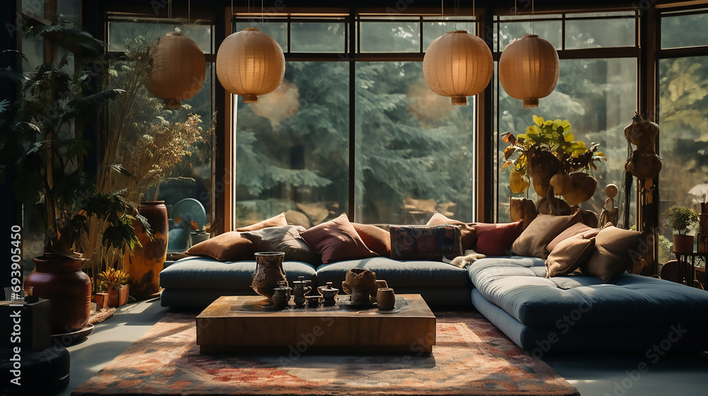 Japanese boho style home interior design of modern living room Stock ...