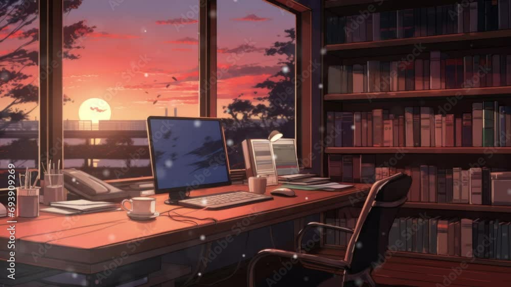 Lofi animation A quiet, relaxing, and peaceful library. Sunset lighting ...