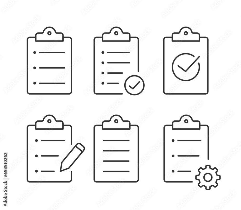Clipboard icon set. Checklist on the clipboard line symbol with ...