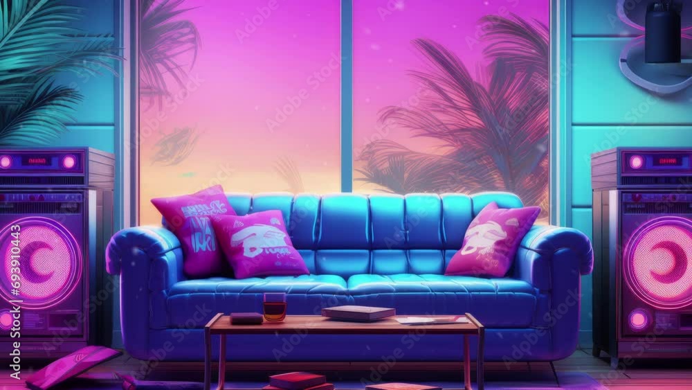 Synthwave tech Retro vintage stereo jukebox in a chill living room with ...