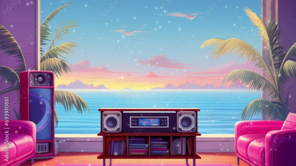 Synthwave tech Chill living room with a retro vintage stereo jukebox ...