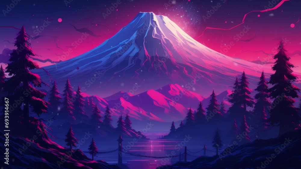 Synthwave tech landscape fuji yama mountain japan in vapor wave synth ...