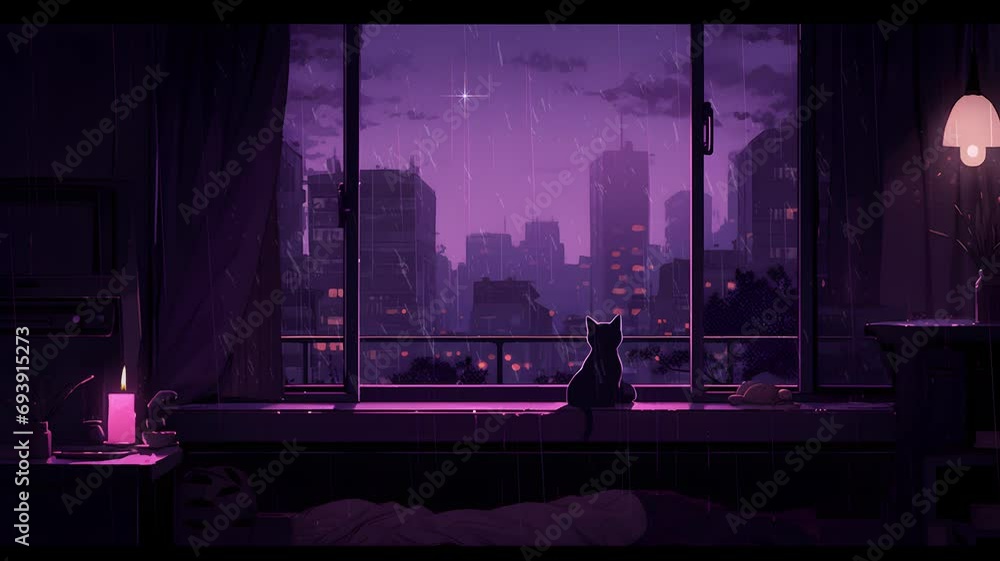 lofi art, It's a rainy night and a black cat is looking out the window ...