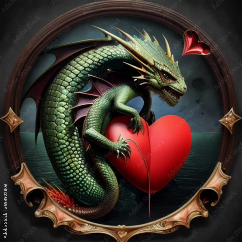 Dragon with Red Heart. Green Dragon in circle. Wallpaper with dragon ...