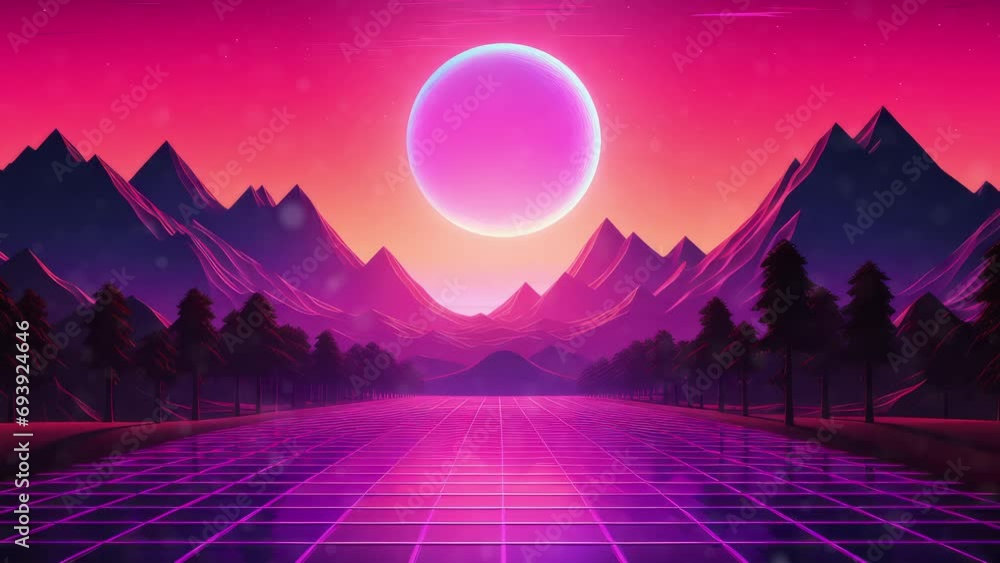 Synthwave tech Vaporwave, synthwave retro style neon landscape geometrical lines background with ...