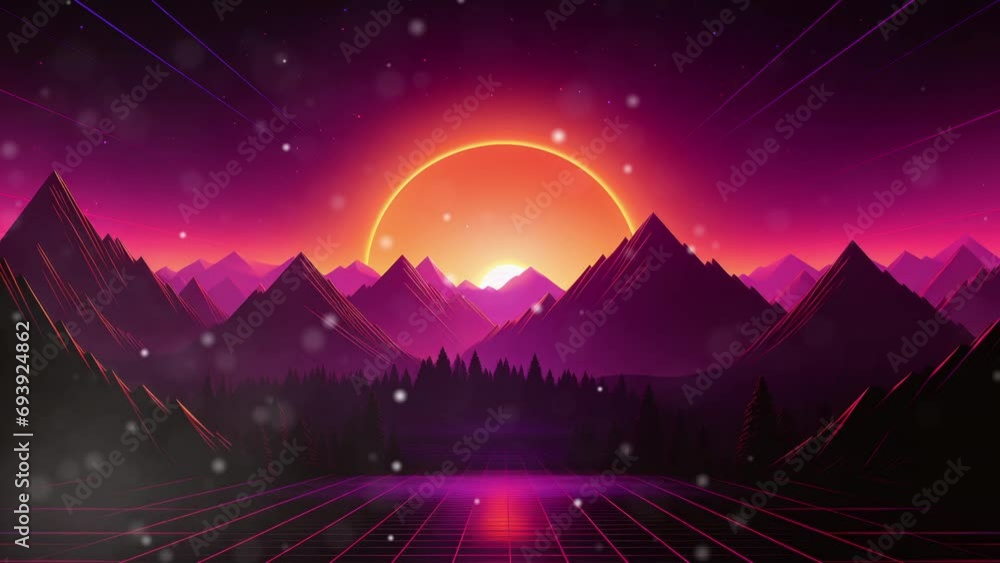 Synthwave tech Vaporwave, synthwave retro style neon landscape geometrical lines background with ...