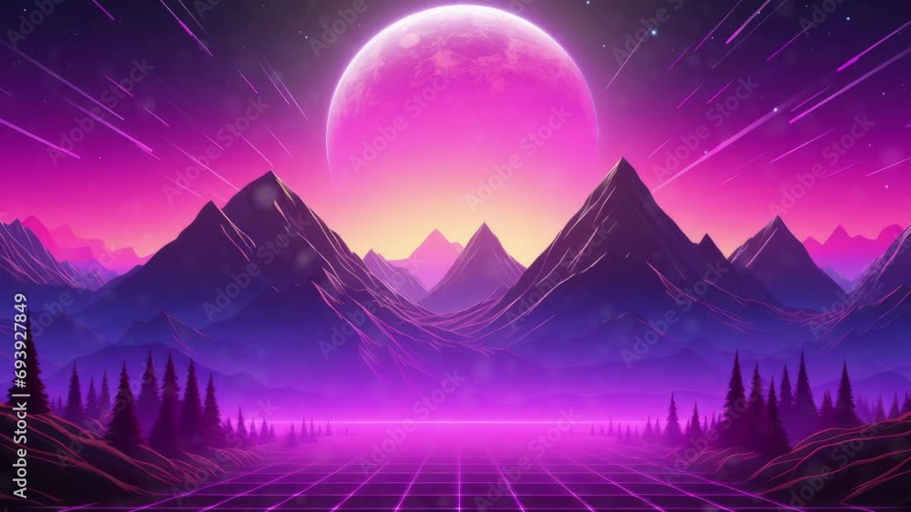 Synthwave tech Digital synthwave frame with mountains and sun background. Neon futuristic ...