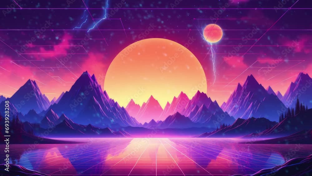 Synthwave tech Digital synthwave frame with mountains and sun background. Neon futuristic ...