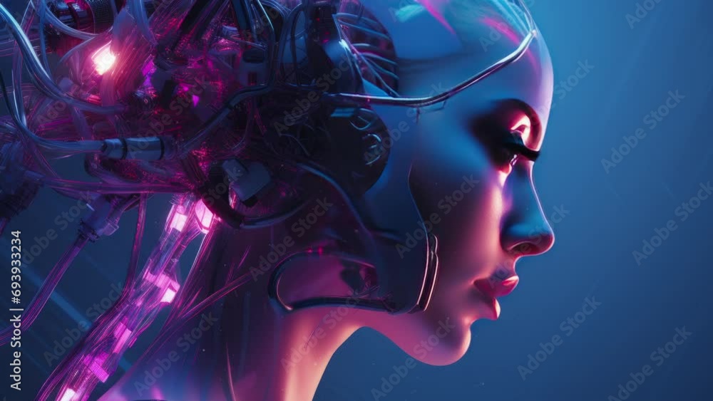 Synthwave tech Artificial android human with wires in the head. 3D in ...