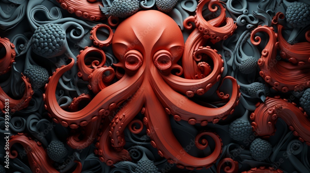 A vibrant masterpiece of an octopus, crafted from fiery red hues and ...