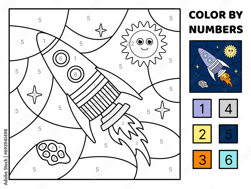 Purple rocket, sun, meteor in space. Color by number. Space. Coloring ...