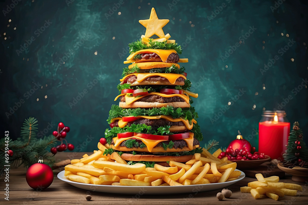 Christmas tree made of burgers and fast food, French fries, harmful ...
