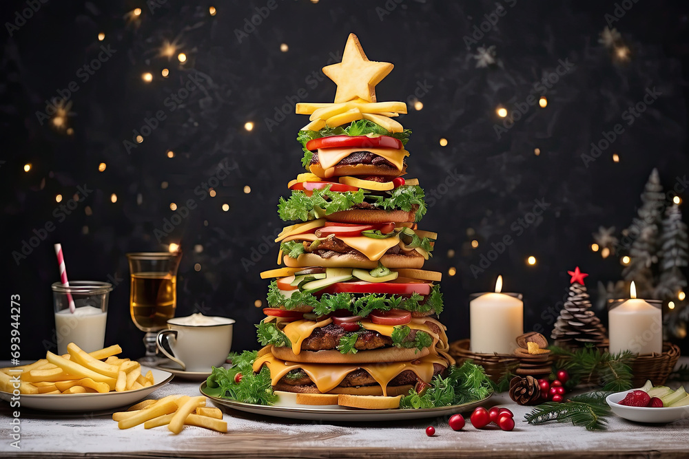 Christmas tree made of burgers and fast food, French fries, harmful ...
