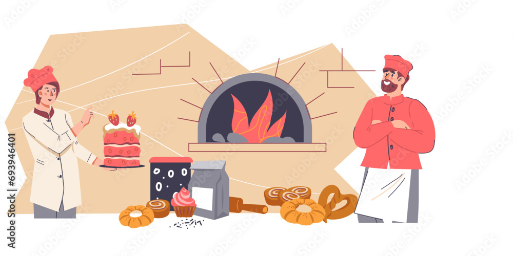 Welcome to bakery shop banner or flyer template with bakers present ...