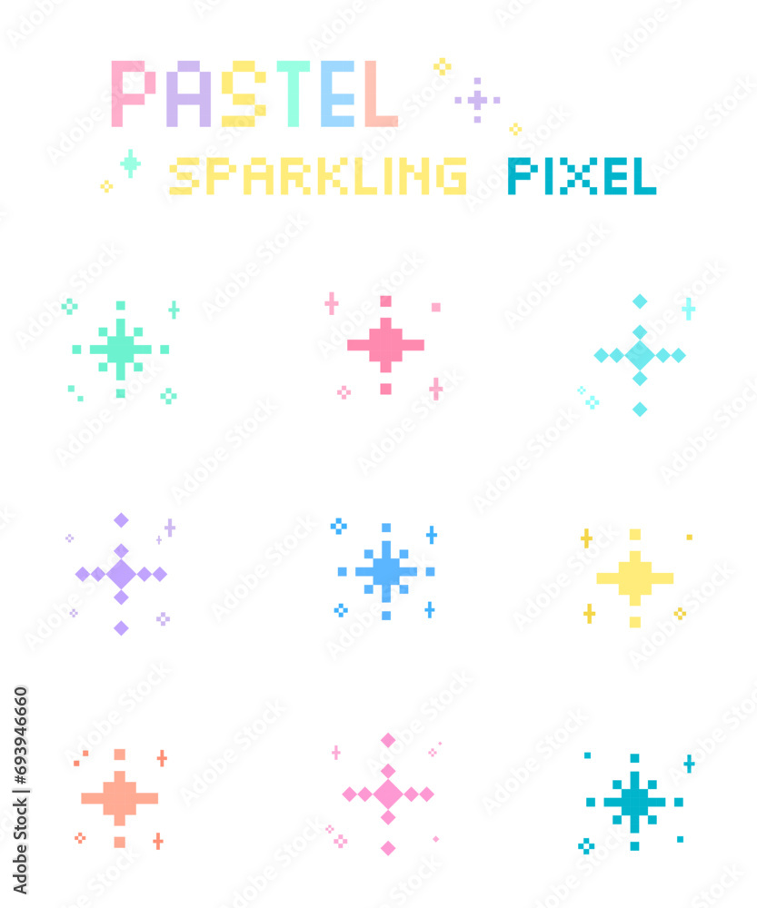 Set of pastel sparkle pixel art Cute Sparkling pixel bright sparkle star, Stars, glitter ...