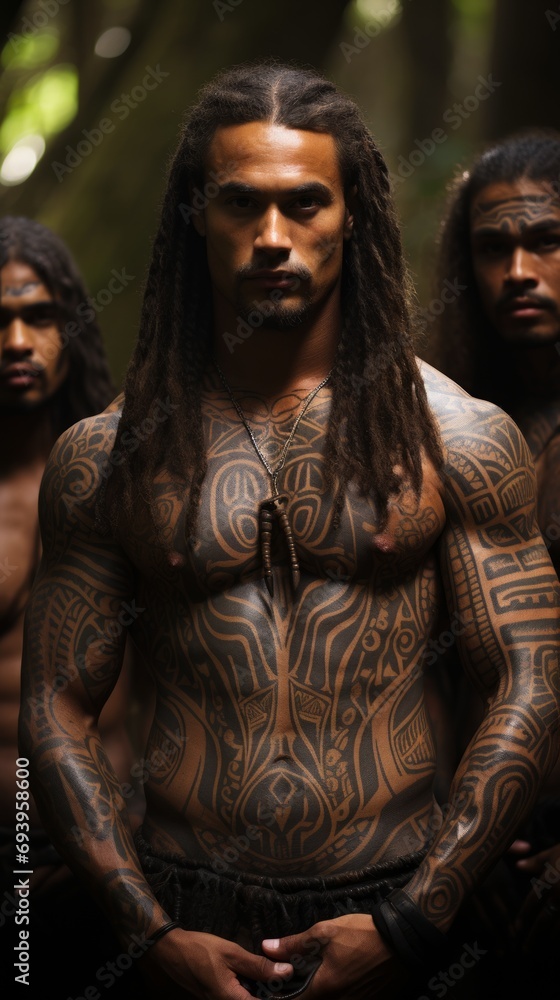 A group of men with Maori style tattoos in Polynesian. Patterns and ...