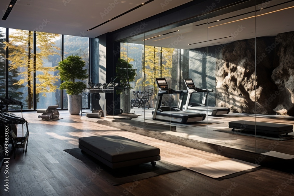 A modern home gym with floor-to-ceiling mirrors, high-tech workout ...