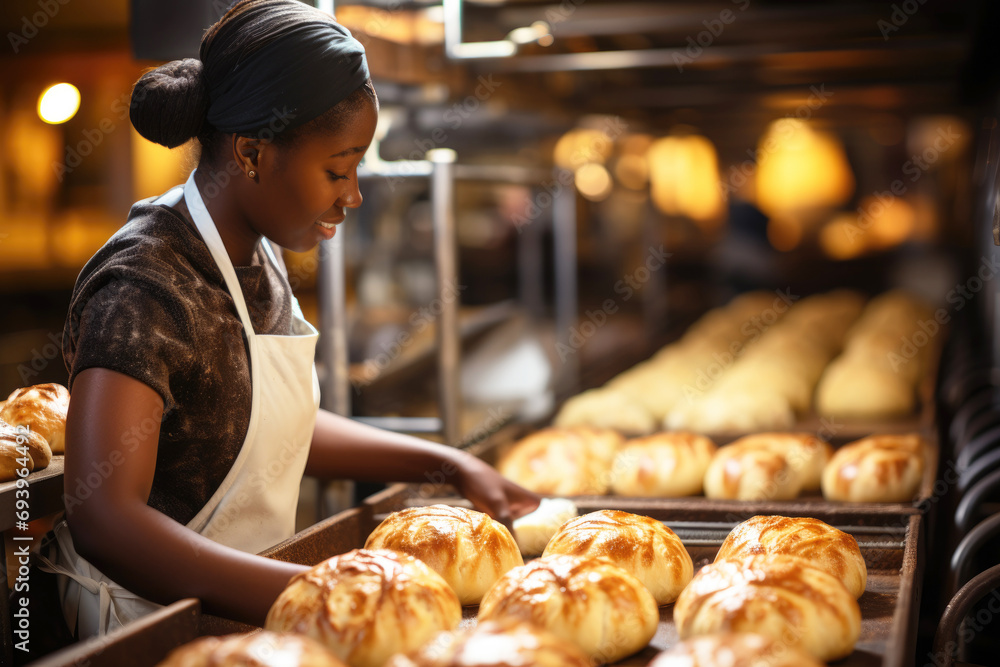 Female worker and close-up of loaves of bread on an assembly line ...