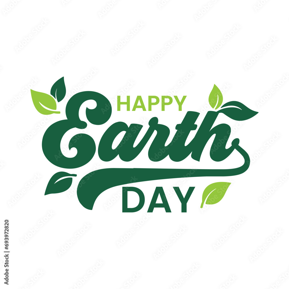 Happy Earth Day hand lettering vector illustration with leaves on white ...