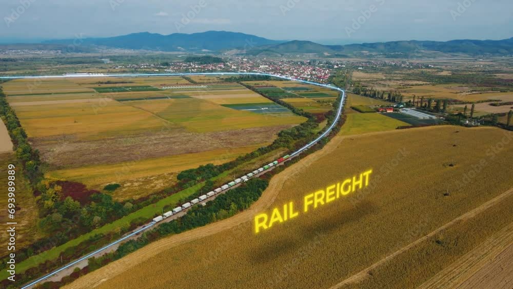 Aerial view of a freight train moving through a yellow fields, cargo ...