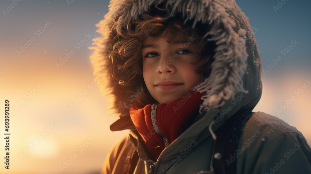 A young boy is pictured wearing a hooded jacket and mittens. This image ...