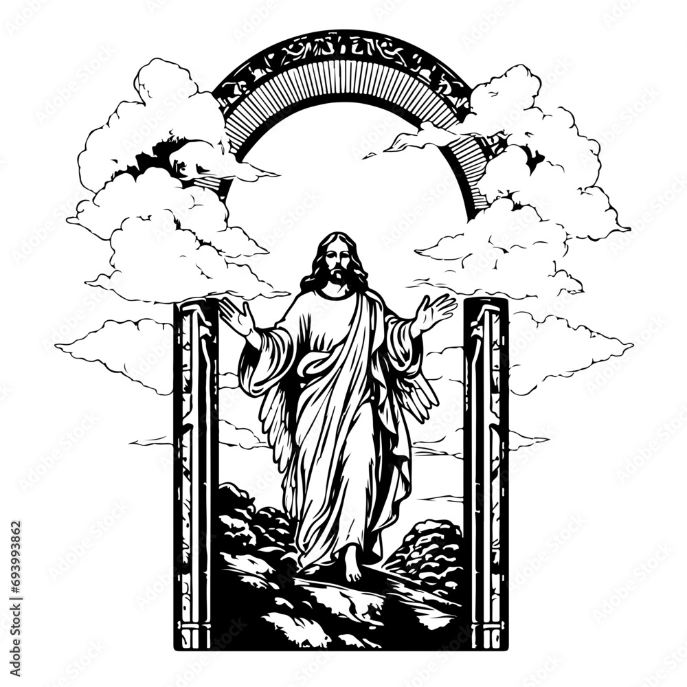 Jesus and the Gates of Heaven outline Stock Vector | Adobe Stock