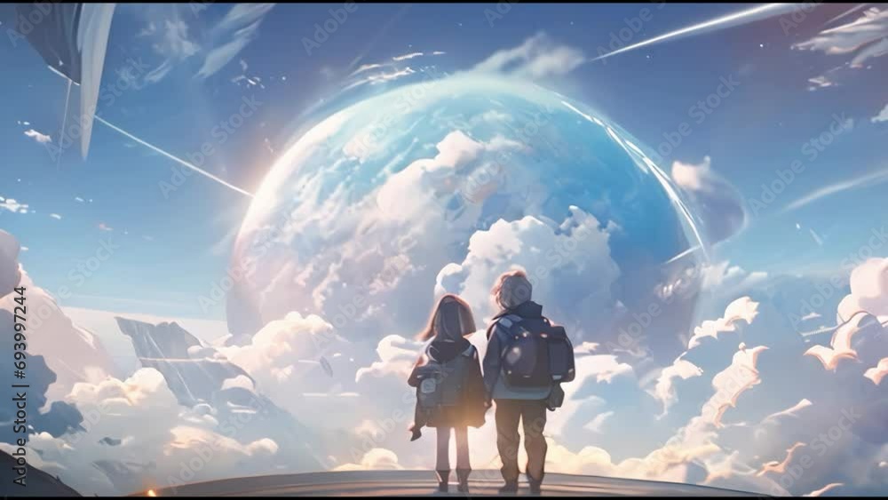 Anime couples looking at new near planet with covered by clouds ...