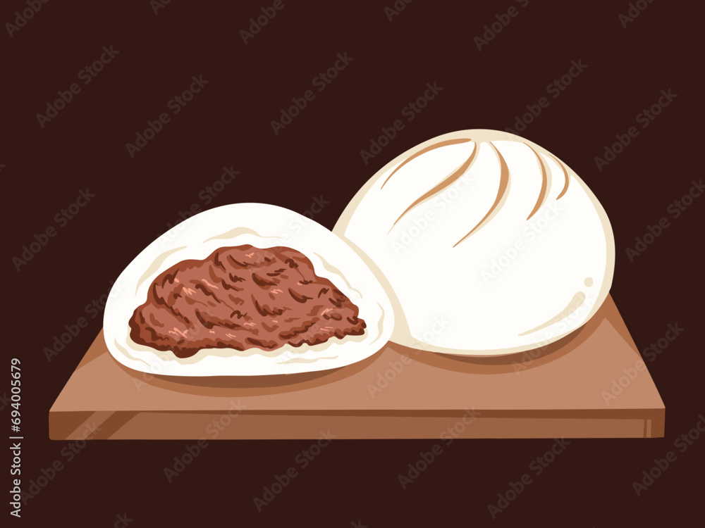 Meat bun with minced chicken or pork meat. Steamed pork buns bakpao bao ...