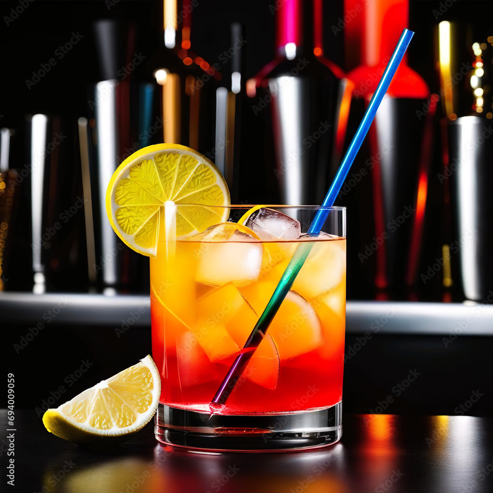 Vaso con bebida de color rojo con hielo una pajita y un trozo de ...
